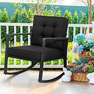 Tangkula Wicker Rocking Chair, Outdoor Glider Rattan Rocker Chair with Heavy-Duty Steel Frame, Patio Wicker Furniture Seat with 5” Thick Cushion for Garden, Porch, Backyard, Poolside (1, Black)