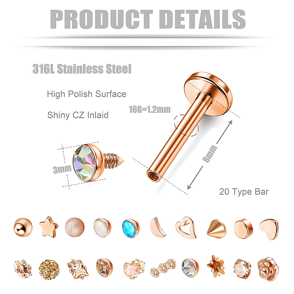 Subiceto 16G Stainless Steel Forward Helix Monroe Labret Lip Nose Studs for Men Women Tragus Cartilage Stud Earrings Cz Balls Heart Flower Medusa Piercings 20 Pcs