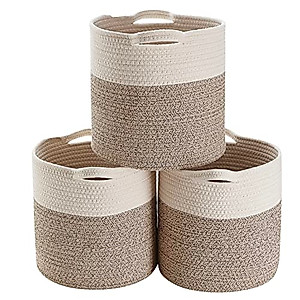 Ornavo Home 3 Pack Woven Cotton Rope Storage Shelf Basket with Handles, Closet Shelf Storage Fits 12" inch Cube - 11x11x11 - White/Beige