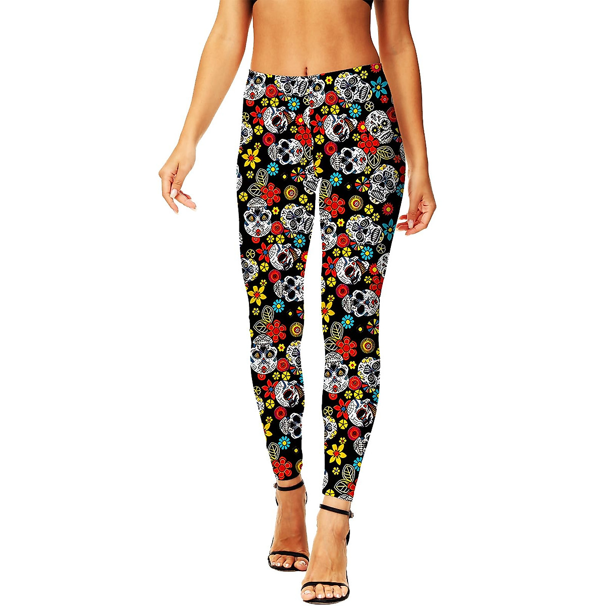 AOBUTE Women's Halloween Leggings Scary Skull Printed High Waist Yoga Pants Day of The Dead Tights L