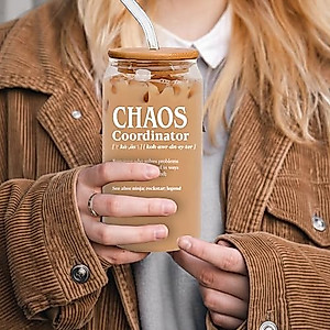 Chaos Coordinator Gifts - 16 oz iced coffee glass cup with bamboo lid and straw - Thank You Gifts for Coworker, Boss Lady Gifts for Women, Birthday Gifts for Manager, office, Teacher, Mom, Her, Nurse