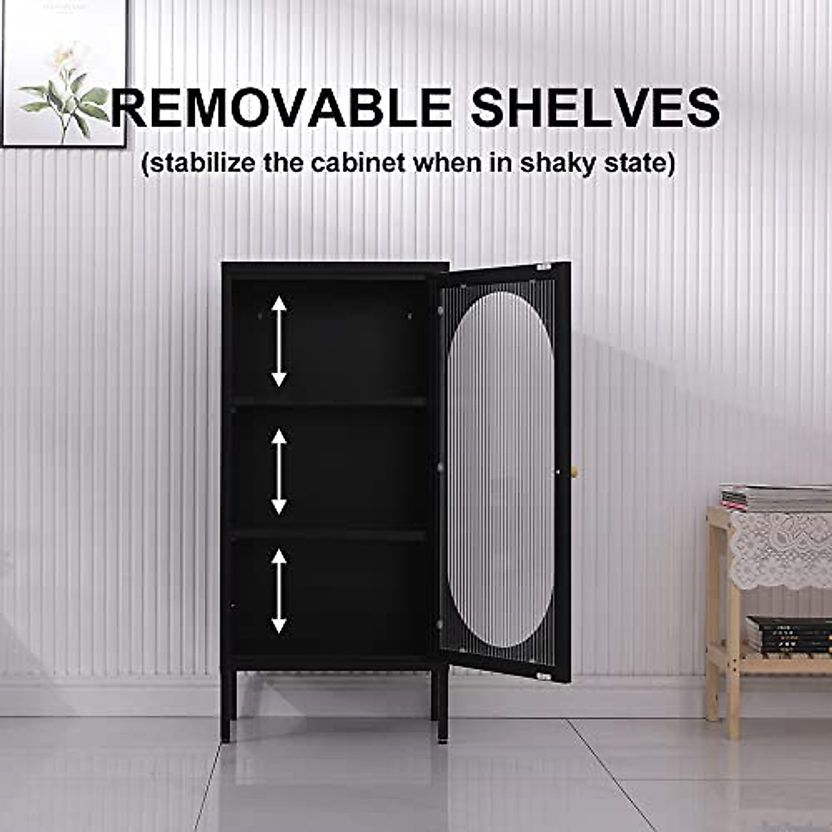 WISUNO Metal Storage Cabinet for Living Room,Bedroom,Home,Office,Kitchen,3-Tier,Glass Door,Removable Shelves (Single Glass Door, Black)