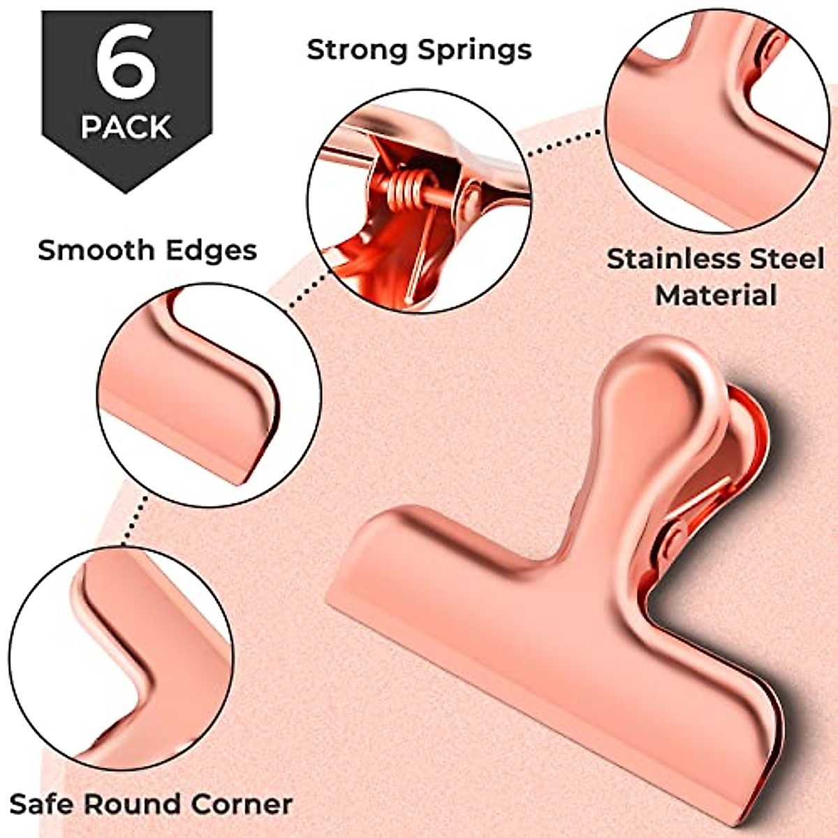 6 Pack Rose Gold Bag Clips for Food, Chip Clips Bag Clips Food Clips, Heavy Duty Snack Clips, Clips for Food Packages, Air Tight Seal for Home Office Kitchen