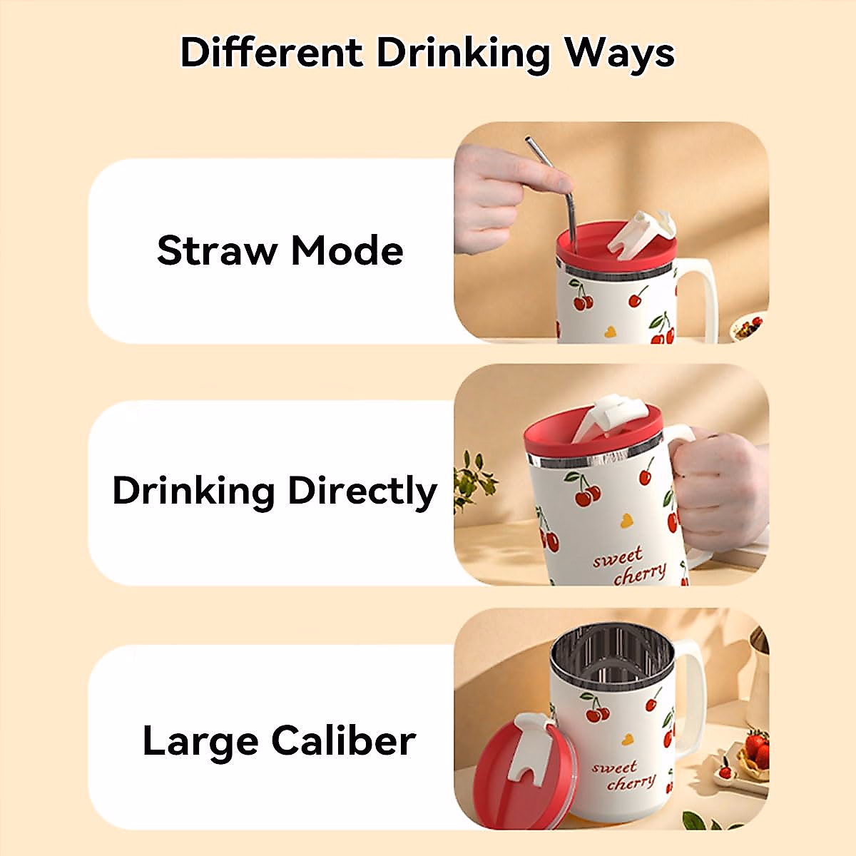 Maiyuansu Cherry Print Stainless Steel Tumbler with Handle Insulated Coffee Cup with Hadle and Lid Portable Travel Mug Water Bottle Double Wall Insulation