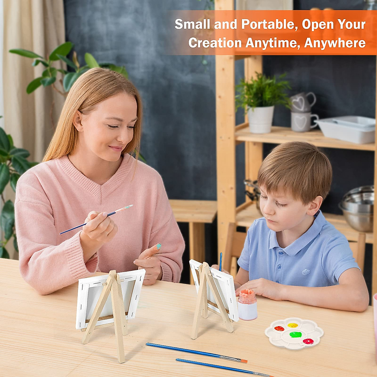 20 Pack Mini Canvases, Small Stretched Painting Canvas with Mini Easel,4x4 in Art Canvases Painting Kit with 10 Brushes & 5 Paint Tray for Kids Teenagers Acrylic Pouring Oil Water Color Gift……