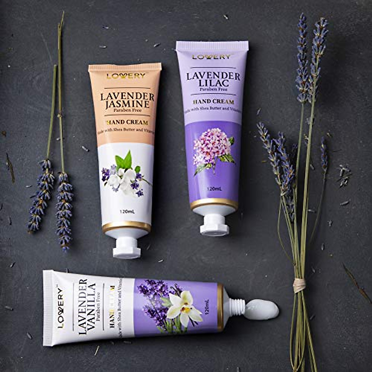 Birthday Gifts Lavender Hand Lotion Set, 3 Luxury Hand Creams Gift Set, Lavender Jasmine, Lavender Lilac, Lavender Vanilla, Nail Filer in a Metal Box with Vitamin E & Shea Butter, Paraben Free