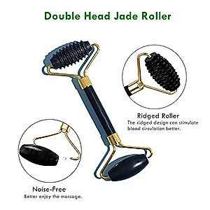 NuAngela Jade Roller 100% Real Jade Gua Sha Tool, Facial Eyes Treatment Pens And Rollers, Face Body Massage Board, Anti Aging Skin Care Tools For Women and Men, Beauty Ice Massager For Muscle, Neck, Arm (Massage Set Black)