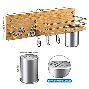 RoleDes Bamboo Hair Dryer Holder Wall Mount,Bathroom Organizer for Styling Tools,Blow Dryer,Curling Iron,Hair Straightener Floating Shelves for Hairdryer Storage