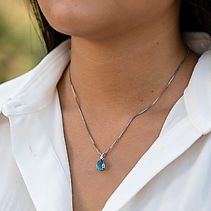 PEORA London Blue Topaz with Diamond Pendant for Women 14K White Gold, Natural Gemstone Birthstone Teardrop Solitaire, Pear Shape, 10x7mm, 2 Carats total