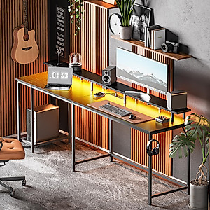 SUPERJARE L Shaped Gaming Desk with Power Outlets & LED Lights, Computer Desk with Monitor Stand & Storage Shelf, Home Office Desk Corner Desk with Hooks, Black