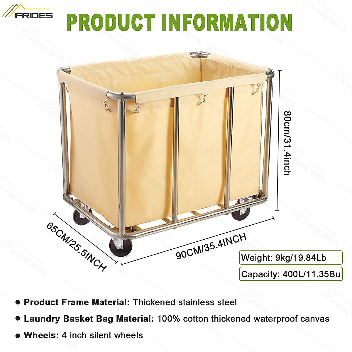 Commercial Laundry Cart with Wheels, 11.35 Bushel Large Laundry Tumbler with Removable Waterproof Canvas Lined Basket, Heavy Duty Stainless Steel Laundry Basket for Hotels and Hospitals