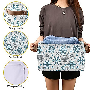 Winter Snowflake Blue Sliver Storage Basket Fabric Laundry Baskets Christmas Bells Xmas Snowman Storage Boxes Organizer Bag for Baby Cloth Dog Toy Book Storage Cubes Shelf Closet Bins 16×12×8 Inches