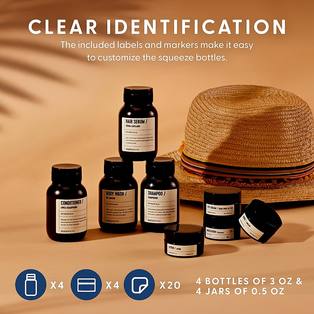 MAISONOVO Travel Bottles for Toiletries, TSA Approved, Leak Proof Refillable, Travel Size Containers and Bottles with Water Proof Toiletry Bag