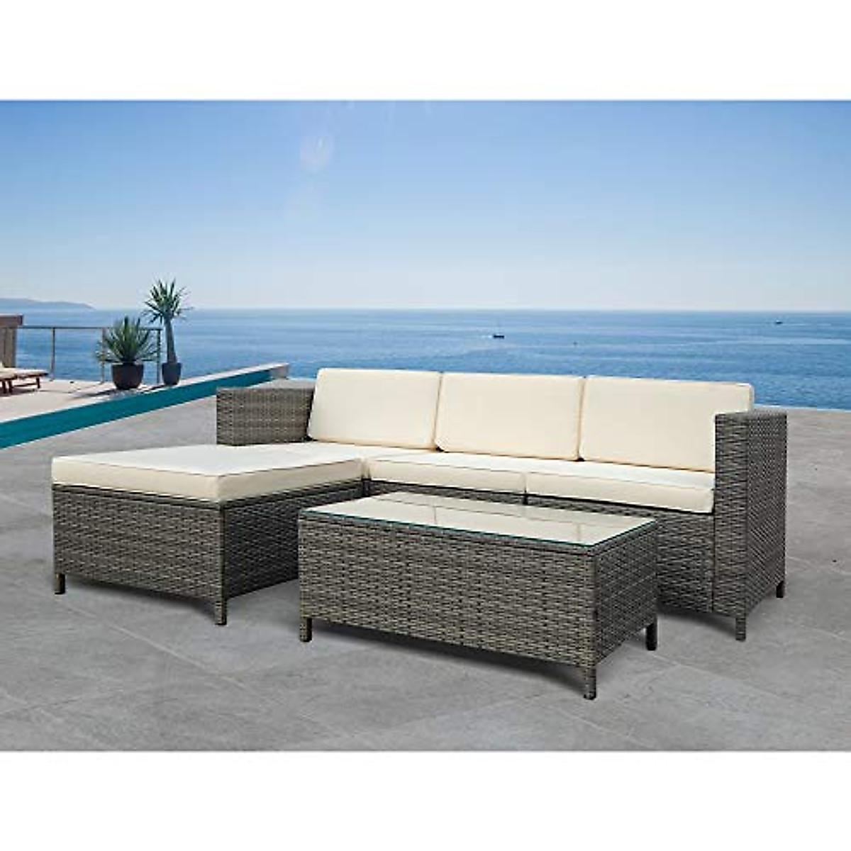 SUNVIVI OUTDOOR Patio Furniture, 5 Piece All Weather Grey PE Wicker Patio Sectional Furniture Conversation Sofa Set with Coffee Table, Removable Cushions