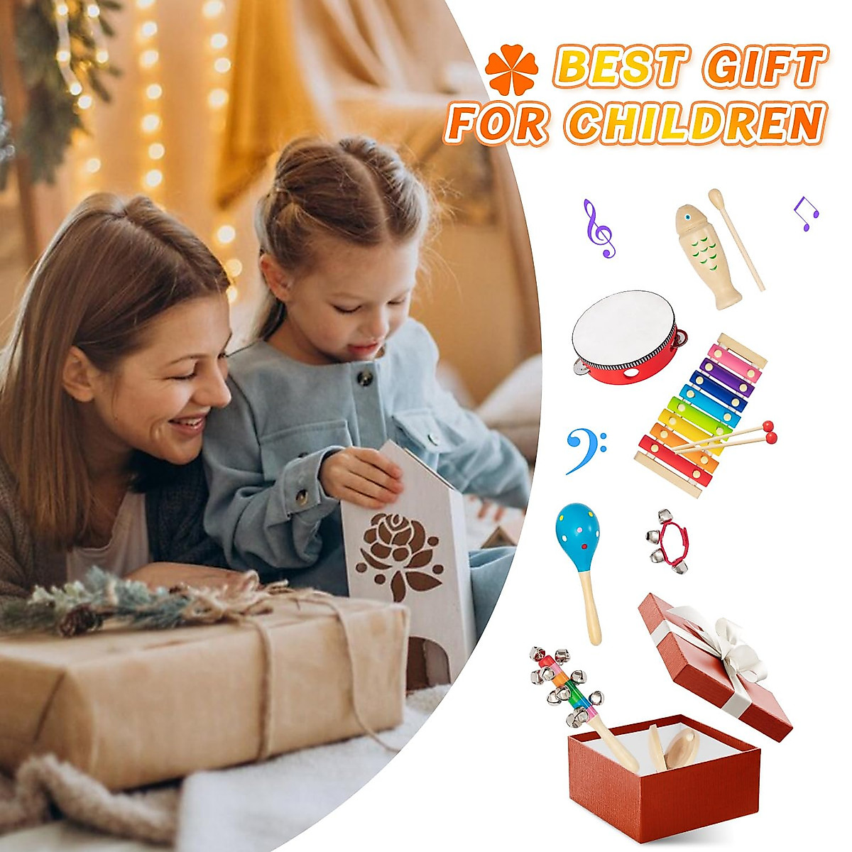 Toddler Musical Instruments Set, 10Pcs 7 Types Wooden Percussion Instruments Tambourine Xylophone Toys for Kids Children, Preschool Education Early Learning Musical Instruments for Toddlers