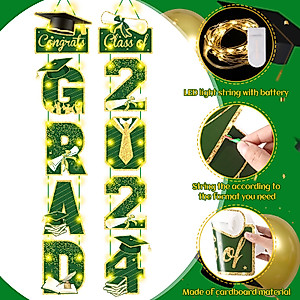 Graduation Party Decorations Green Gold Grad 2024 Porch Sign Door Banner with LED Light Class of 2024 Congrats Grad Banner Congratulation Party Hanging Sign for High School Graduation Party Decor