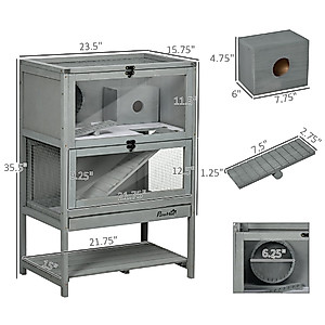 PawHut Wooden Hamster Cage with Storage Shelf, Large Hamster Cage Including Seesaw, Small Animal Cage with Sliding Tray, Wide Ramp for Racing, Running Wheel, 35.5" H