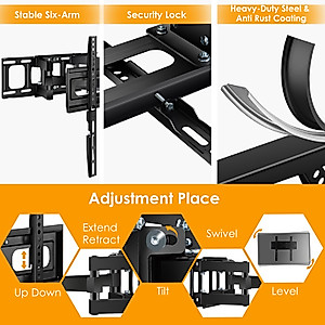 SweeEase 6 Arms TV Wall Mount for 26-65 inch, Full Motion Up Down Swivel Tilt Level Retractable TV Bracket for Flat Curved Max 110 lbs Max VESA 400x400mm TV, 8"-16"Wood Stud Articulating TV Wall Mount