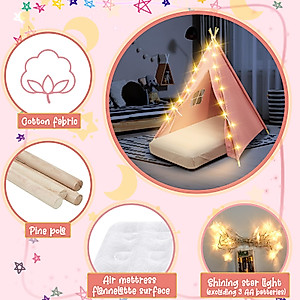 Windyun 6 Pack Kids Teepee Tent Bulk with Light String & Inflatable Airbed & Bedding Fitted Sheet, Natural Cotton Toddler Play Tent Washable Foldable Tent for Girls Boys Indoor Outdoor (Pink)