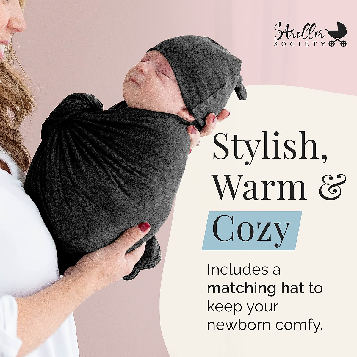Stroller Society - Newborn Swaddle and Hat Set, Stretchy and Comfortable Baby Swaddle Blanket, Use as Receiving Blanket, Toddler Blanket and More, Black, 47 x 47 inches