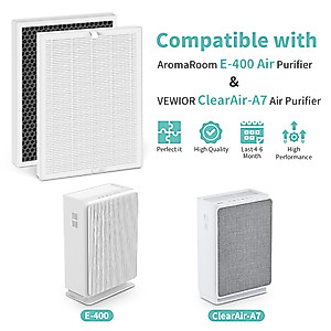 𝟐 𝐏𝐚𝐜𝐤 E-400 Air Filter ＆ ClearAir-A7 Filter Compatible With AromaRoom E-400 H14 Air-Purifier ＆ VEWIOR ClearAir-A7 H14 True HEPA Air Purifier, 3-Stage True Hepa With Efficiency Activated Carbon