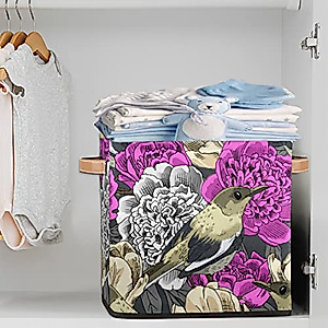 Large Collapsible Storage Bins,Bird Peony Flower Decorative Canvas Fabric Storage Boxes Organizer with Handles,Cube Square Baskets Bin for Home Shelves Closet Nursery Gifts
