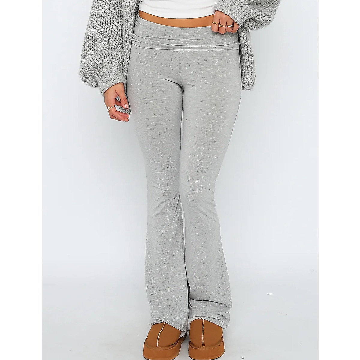 Luckinbaby Women 's Flare Skinny Pants Fold Over Leggings Stretch Bootcut Bell Bottom Yoga Pants Y2k Joggers(Basic Light Gray,S)