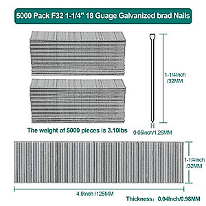 5000 Pack F32 1-1/4" 18 Guage Galvanized Brad Nails, Heavy Duty Narrow Crown Staples for Nail Gun, 18 Gauge Straight Pin Nailers1
