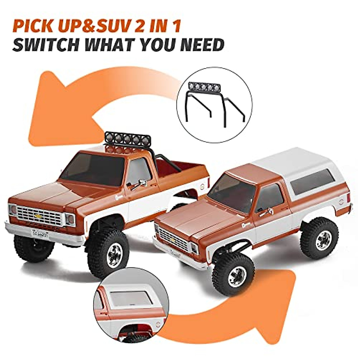 WOWRC FMS 1/24 RC Crawler FCX24 Chevy K5 Blazer Officially Licensed, Mini RC Car Pick Up Truck & SUV 2 in 1, 4WD 8km/h 2 Speeds Switch, 2.4GHz 3CH Off-Road RC Model with LED Lights for Adults, Orange