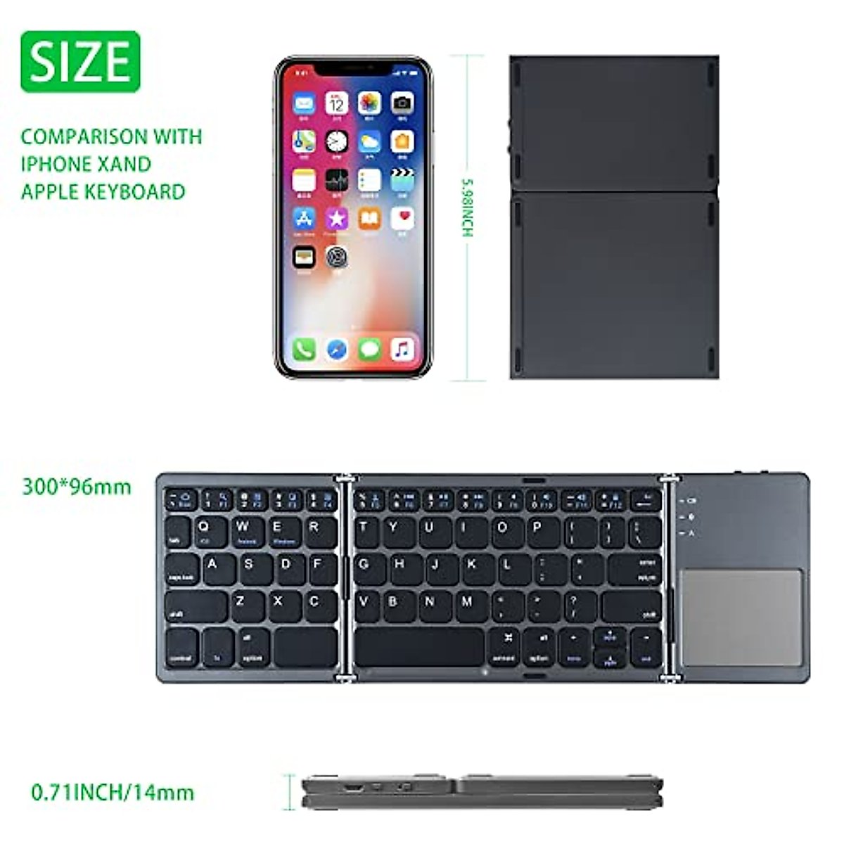 JPHTEK Foldable Bluetooth Keyboard with Touchpad, Portable Wireless Keyboards, Rechargeable Full Size Ultra Slim Pocket Folding Keyboards for Android Windows iOS Tablet & Laptop Gray