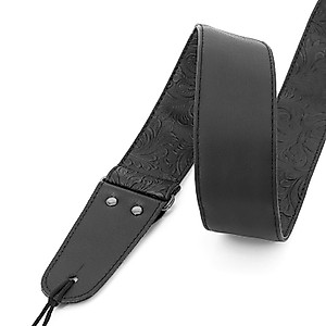 Guitar Strap, Printed Leather Guitar Strap PU Leather Western Vintage 60's Retro Guitar Strap with Genuine Leather Ends for Electric Bass Guitar,Wide Adjustment Range, with Tie,Include 2 Picks,Black