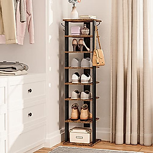 HOOBRO Vertical Shoe Rack, 8 Tier Shoe Storage Organizer with Hooks, Narrow Shoe Rack for 8 Pairs, Space Saving, Stable and Strong, for Entryway, Living Room, Bedroom, Rustic Brown BF07XJ01G1