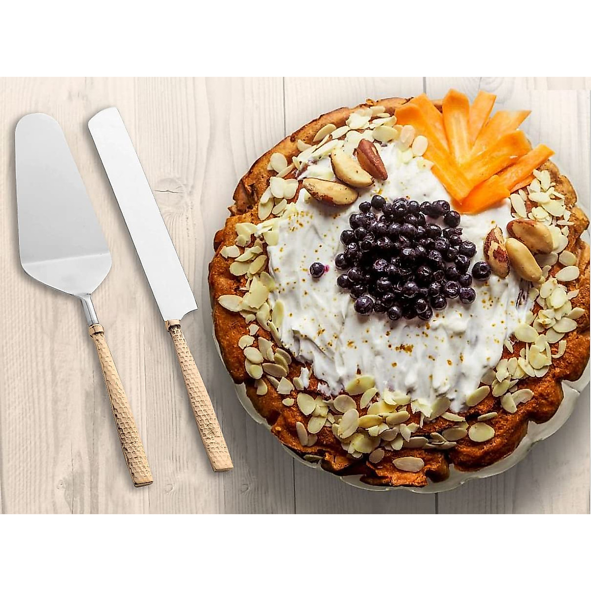 Hand Hammered Gold Brass Handle And Stainless Steel Cake Knife & Server Set For Weddings Home Parties Anniversaries Pastry Pie Serving & Knives Set Vintage Style