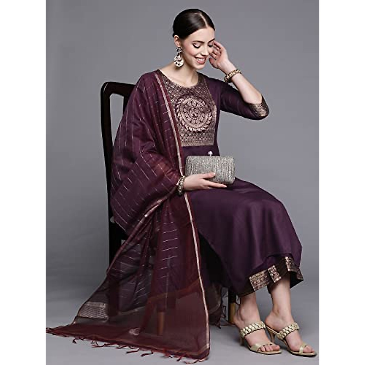 INDO ERA Indian Women's Magenta Cotton Blend Yoke Design Calf Length Straight Kurta Palazzo With Dupatta Set