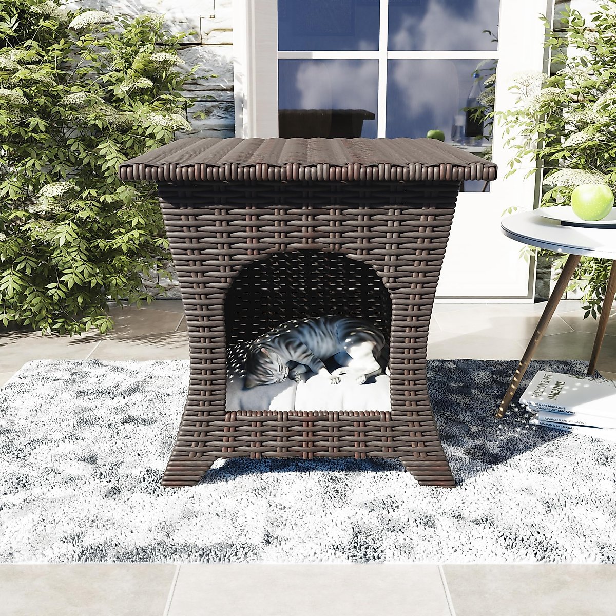 Gardenbee Patio End Table, Wicker Side Table and Cat Bed with A Cushion for Cats, Hand-Woven PE Wicker and Thick Cushion