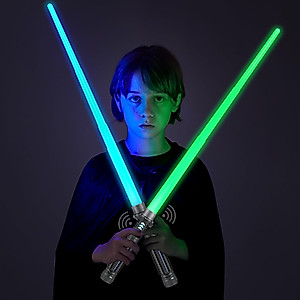 JOYIN Extendable 2-in-1 Light Up Sword for Kids, Dual LED Swords Set with FX Sound (Motion Sensitive) and Realistic Sliver Handle for Fighters and Warriors, New Years Eve Party Supplies Boys Stuff