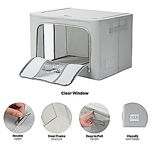 XULAN 66L Oxford Clothes Storage Bins, 2 Pack Large Metal Frame Storage Bins Stackable with Clear Window | Carry Handles for Seasonal Clothing, Bedding, Toys (Grey)