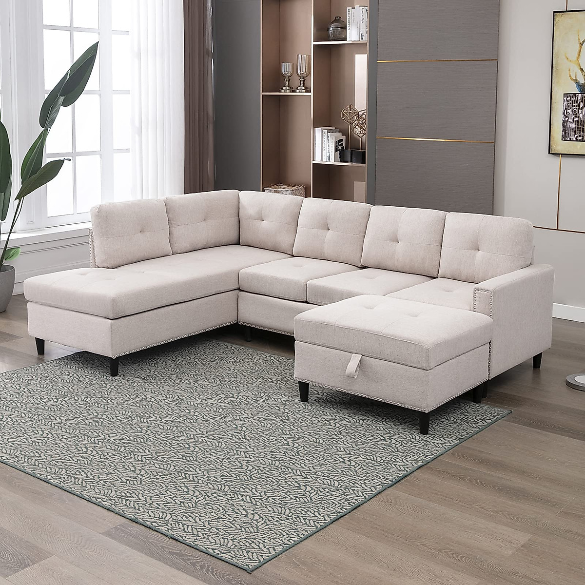 ZAFLY 101" Sectional Couch, L Shaped Sofa with Storage, Convertible Sofá 4-Seat with Reversible Chaise, Living Room Fabric Sofa Sets with Cup Holders -Beige