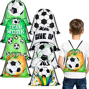 16 Pieces Soccer Party Favors Bags Drawstring Soccer Gift Bags Fabric Soccer Print Candy Goodie Snacks Treat Bags for Sports Soccer Theme Birthday Party Supplies