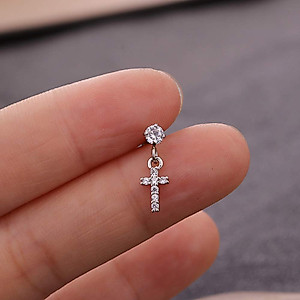 Tiny Dangle Heart Cross Flower 20g Ear Cartilage Helix Surgical Stainless Steel Cubic Zirconia Studs Earrings Screw Backs Ear Tragus Auricle Nose Lip Piercing Jewelry Gifts Bff Birthday (silver)