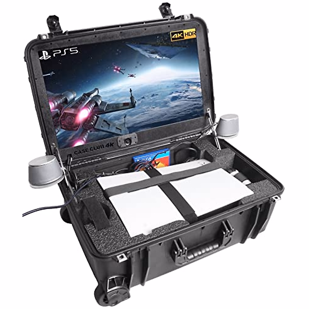 Case Club 4K Gaming Station to Fit PlayStation 5. Comes with Built-in 24" 4K Monitor, Cooling Fans, & Speakers. Fits PS5 (Gen 1 Disc or Digital), Controllers, & Games, (PS5 NOT Included)