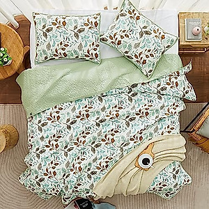 WRENSONGE Quilts Queen Size, 3 Pieces Green Leaf Summer Reversible Quilt Bedding Sets, Soft Lightweight Microfiber Floral Pattern Printed Bedspread Coverlet for Bed, Couch, Blanket All Season 90"*94"