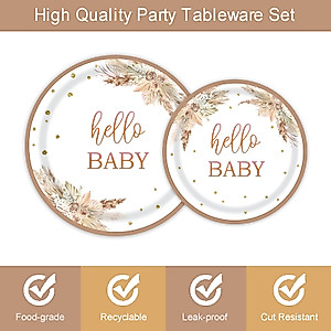 96pcs Boho Baby Shower Party Plates and Napkins Tableware Set for 24 Guests Bohemian Pampas Grass Floral Rainbow Arch Party Dinnerware Supplies Favors Decorations for Hello Baby Events