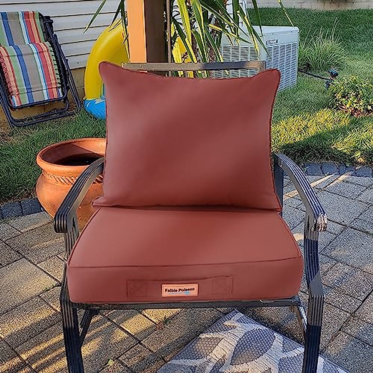 Faible Poisson Outdoor Chair Cushions, 20 x 20 Inch Waterproof Patio Furniture Back & Deep Seat Cushion Set with Handle and Anti-Slip Straps for Indoor Garden Camping, Plain Brick Red