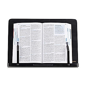 Navaris Bamboo Book Stand - Hands-Free Reading Recipe Cookbook Tablet Holder with 2 Adjustable Metal Page Holders with Grips - Bamboo Easel - Black