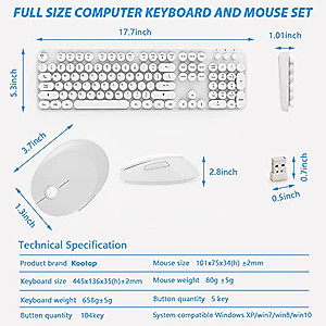 Wireless Keyboard Mouse Combo, 104 Keys Cute White Keyboard with Number Pad & Mouse for Windows, Computer, PC, Notebook, Laptop (White)