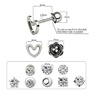 10 Pairs 16g Ear Cartilage Helix Surgical Stainless Steel Cubic Zirconia Stud Cartilage Earrings Huggie Screw Backs Ear Tragus Auricle Cute Love Heart Flower Barbell Piercing Set 4mm (Silver)