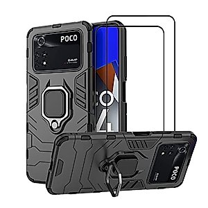 Compatible for Xiaomi Poco M4 Pro 4G Kickstand Case with Tempered Glass Screen Protector [2 Pieces], Hybrid Heavy Duty Armor Dual Layer Anti-Scratch Case Cover, Black