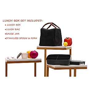 MINCOCO Bento Lunch Box Leak-proof Eco-Friendly Bento Box Food Storage Containers with Sauce Jar and Stainless Spoon&Fork for Adults Women Men Kids