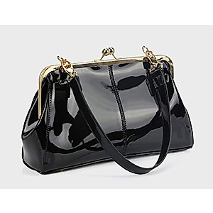 Vintage Kiss Lock Handbags Shiny Patent Leather Evening Shoulder Tote Bags with Chain Strap (Black)